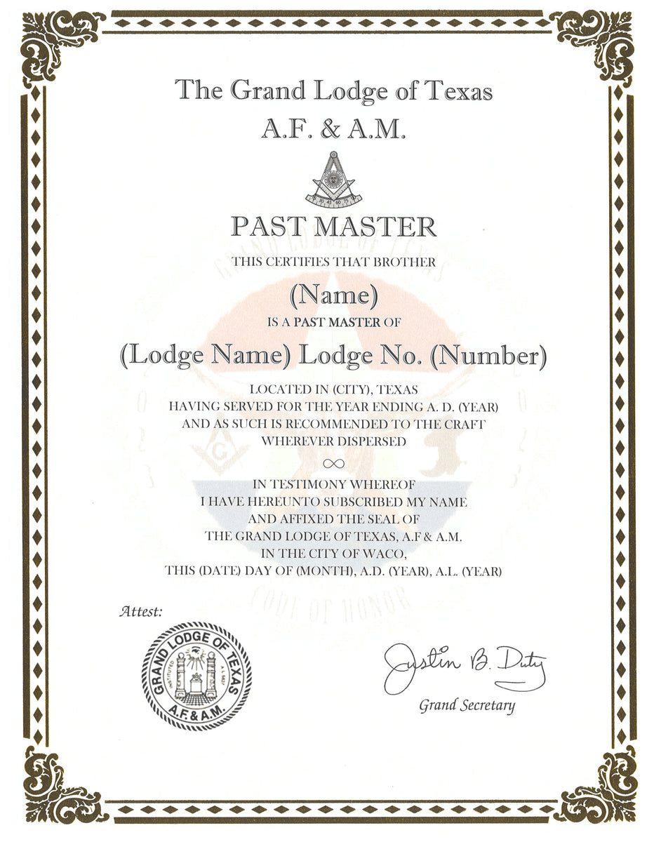 Form 57-B- Past Master Certificate The Grand Lodge of Texas A.F. & A.M