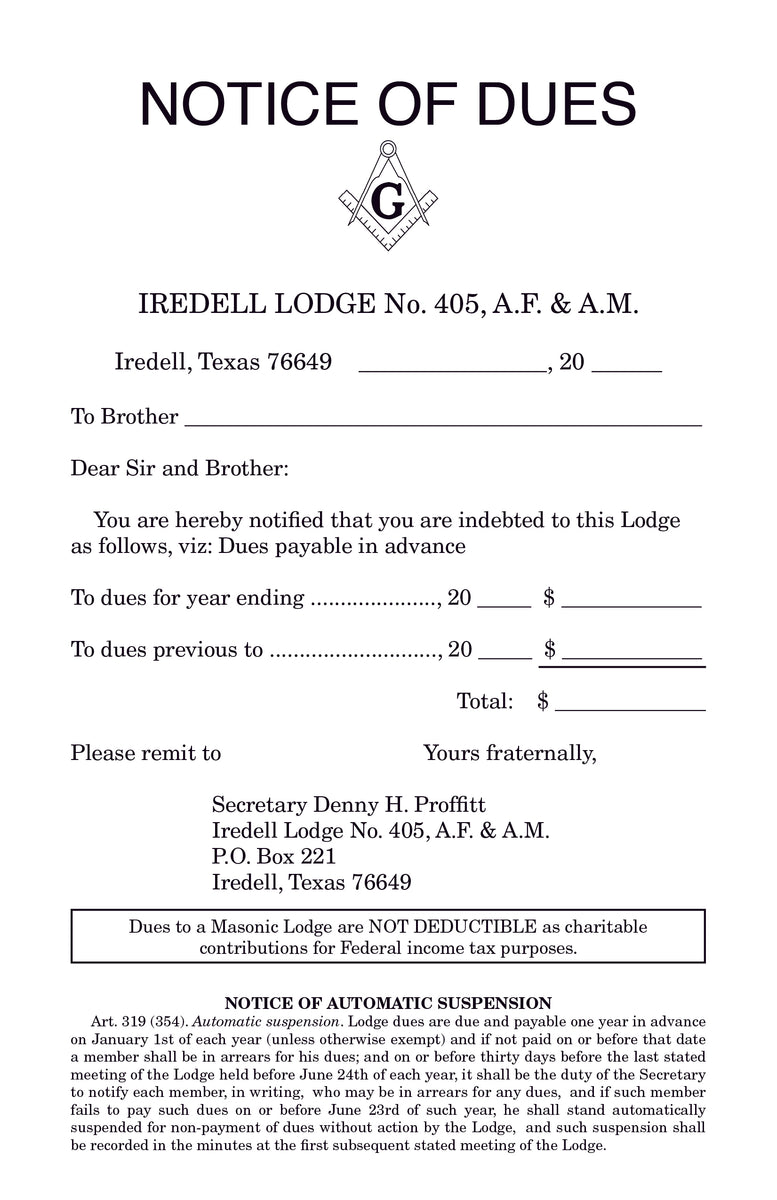 Notice of Dues (Fill in Information Below) – The Grand Lodge of Texas