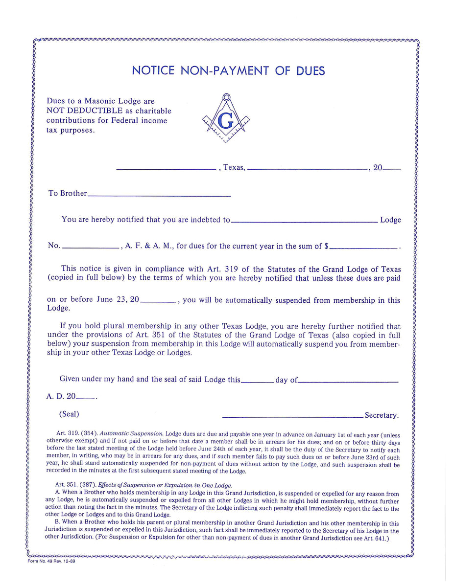 Form 49- Notice of Non-Payment of Dues – The Grand Lodge of Texas