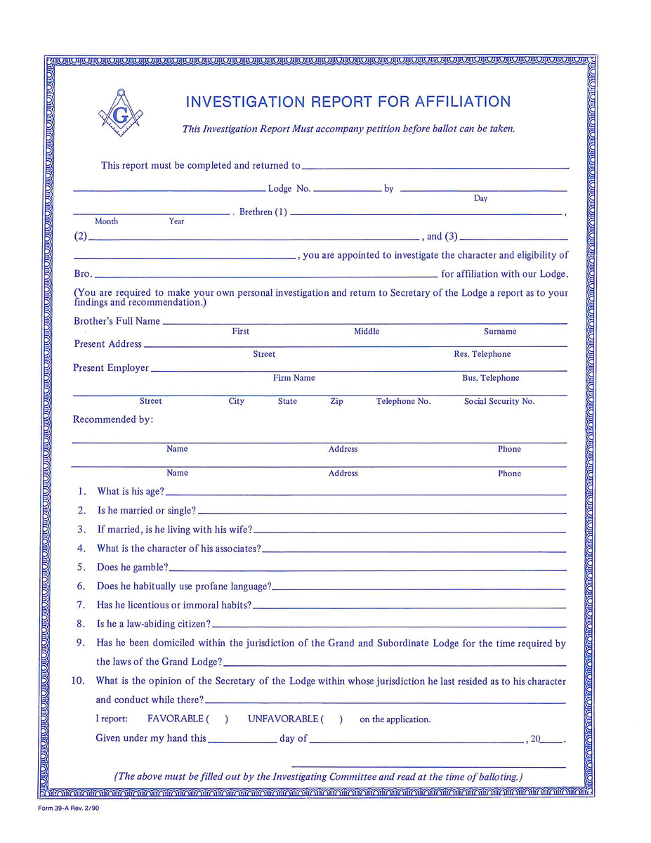 Form 39-A- Investigation Report for Affiliation by Certificate of Good ...