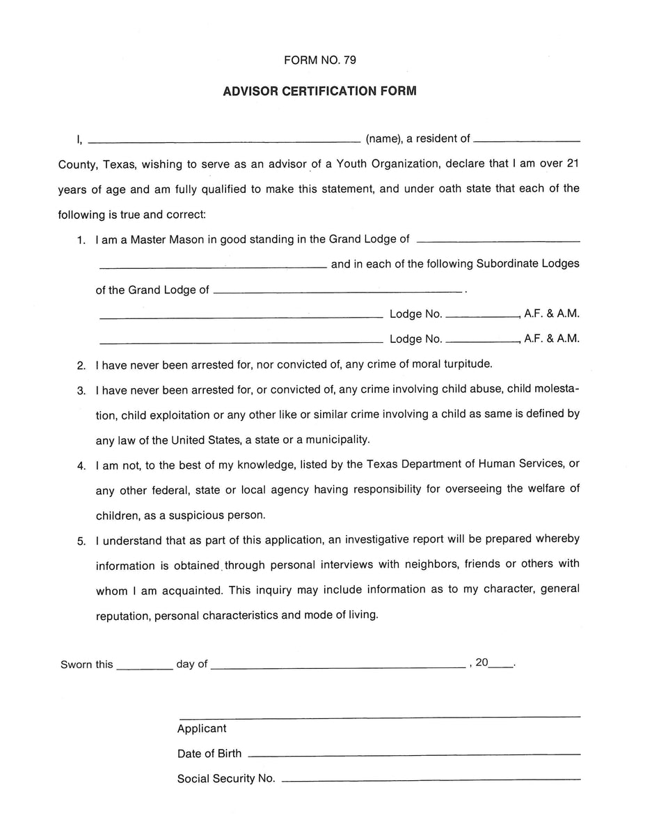 Form 79- Advisor Certification – The Grand Lodge of Texas