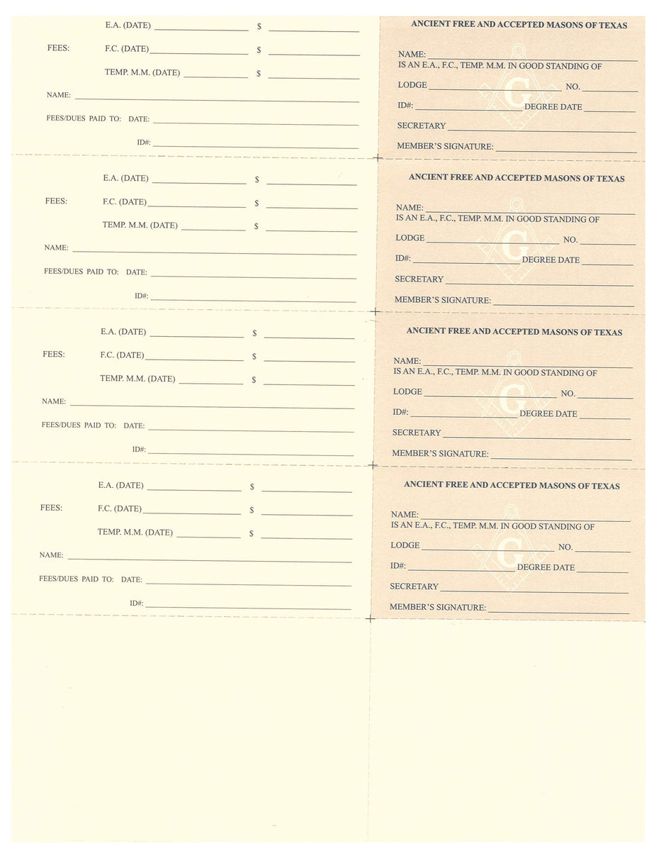 Form 56- Standard Dues Cards for EA and FC – The Grand Lodge of Texas