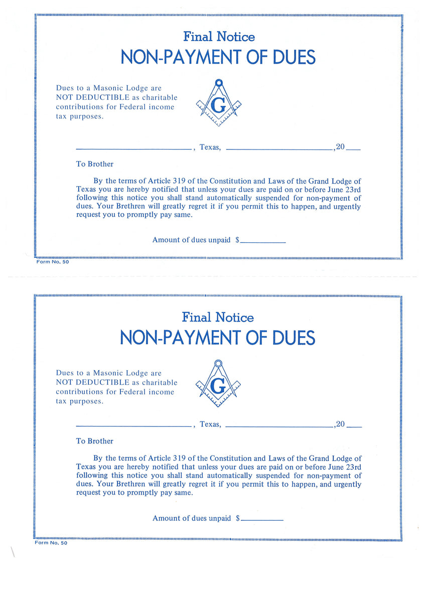 Form 50- Final Notice of Non-Payment of Dues – The Grand Lodge of Texas