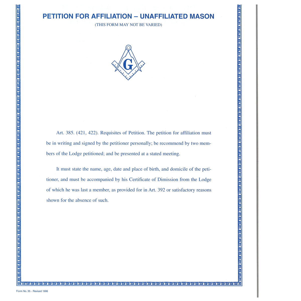 Form 35- Petition for Affiliation- Unaffiliated Mason – The Grand Lodge ...