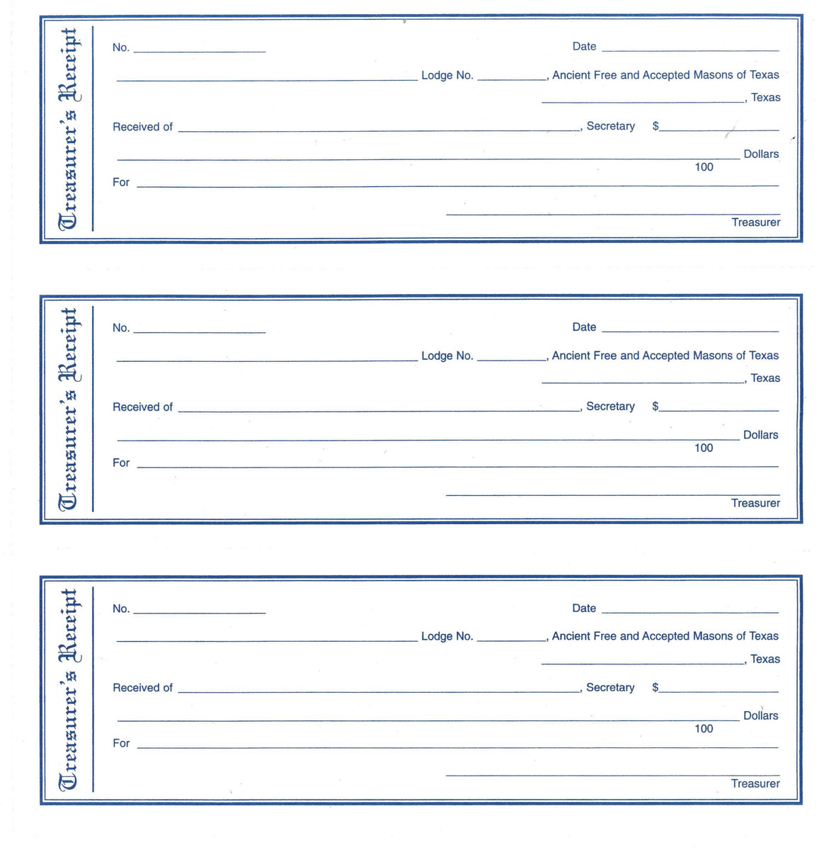 Form 122- Treasurer's Receipt Book – The Grand Lodge of Texas
